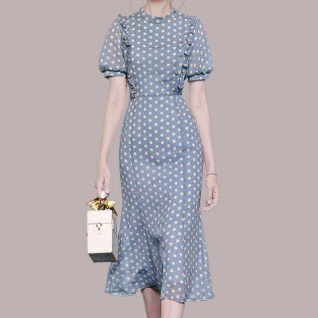 ワンピース 上着 人気 おすすめ おしゃれ お洒落 激安 安い 送料無料 プチプラ 半袖 ラウンドネック 丸首 柄 タイト パフスリーブ　シフォン 膝丈 フリル プリント ドット 可愛い かわいい