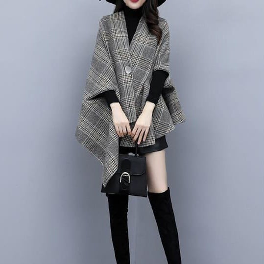 ポンチョ レディース アウター チェスター グレンチェック ノーカラー バイカラー Aライン ひざ上丈 マニッシュ ドルマンスリーブ 韓国風  軽い 軽量 フード付き 冬服 厚手 アウター