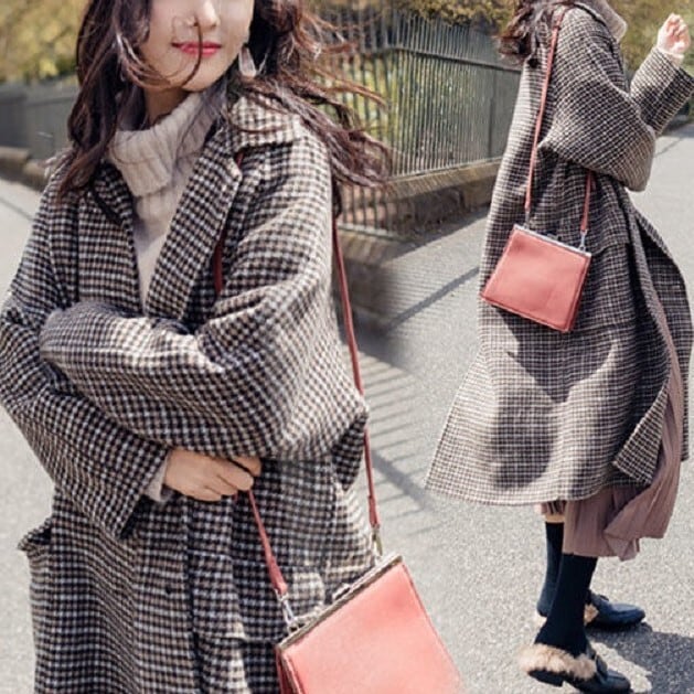 レディース 羽織り コート アウター オーバーサイズ ロング丈 ステンカラーコート チェック 格子柄 インスタ映え 可愛い かわいい 韓国 かっこいい カジュアル 大人 上品 シンプル