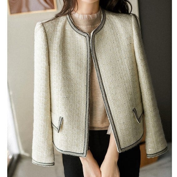 レディース ジャケット 上着 羽織り ノーカラー 襟なし ツイード 暖かい 可愛い かわいい 韓国 かっこいい カジュアル 大人 上品 シンプル クラシック エレガント こなれ感 ラグジュアリー