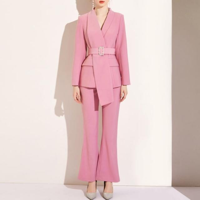 セットアップ スーツ パンツ ボトムス ジャケットベルト アシンメトリー ハイウエスト ビジュー スクエアバックル 長袖 ロング セミフレア ストレート 襟付き Vネック レトロ