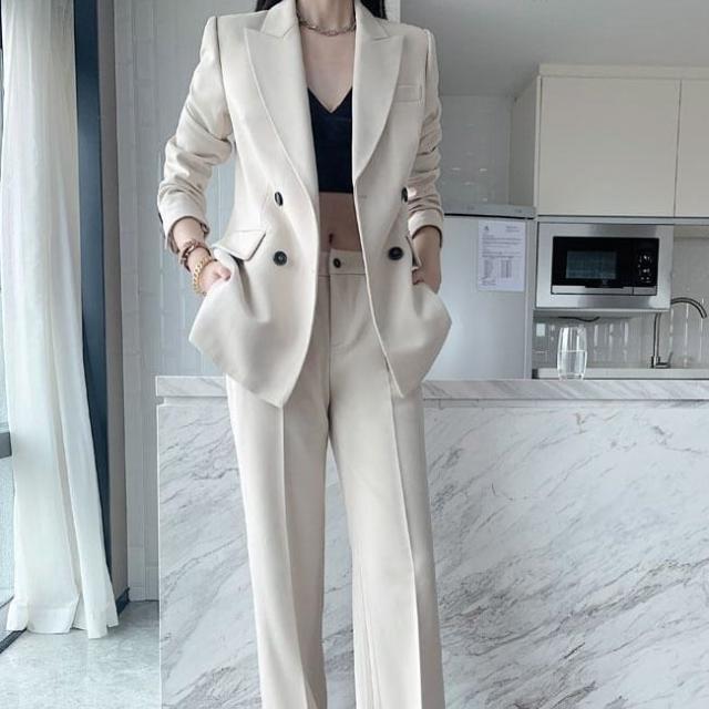 セットアップ ジャケット 上着 スーツ ロング丈 袖あり 長袖 スラックス バイカラー ダブルブレスト センタープレス スリム ストレートパンツ 上下セット 2点セット ツーピース かわいい