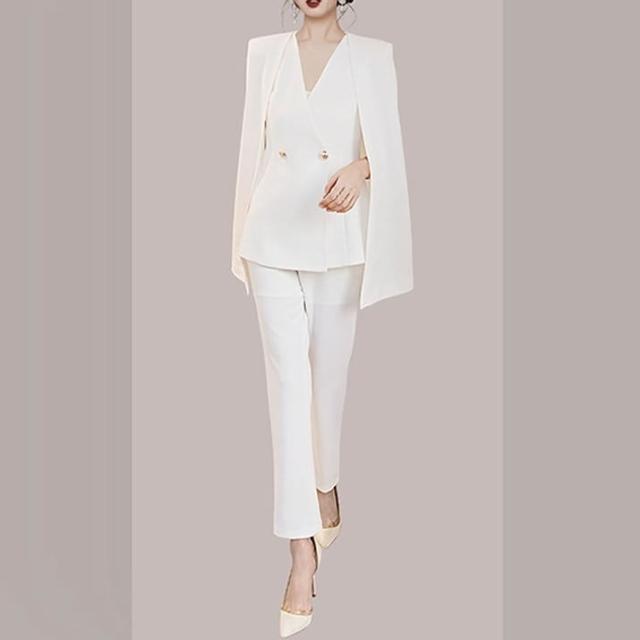 セットアップ スーツ パンツ ボトムス ジャケット メタルボタン ケープ風 ノーカラー 長袖 ロング アンクル丈  スリム スラックス ハイウエスト ストレート 襟付き Vネック レトロ