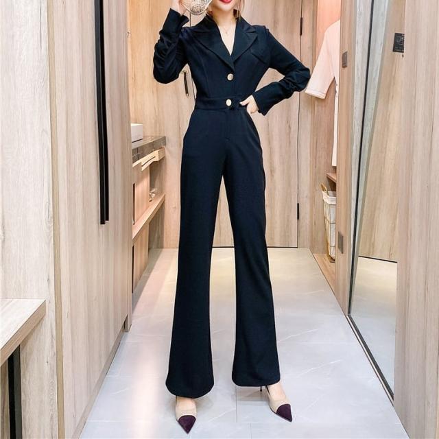 オールインワン セットアップ風 ジャケット 上着 スーツ フレアパンツ 開襟 ハイウエスト ジャンプスーツ ロング丈 袖あり 長袖 スラックス  スリム かわいい 大人可愛い きれいめ