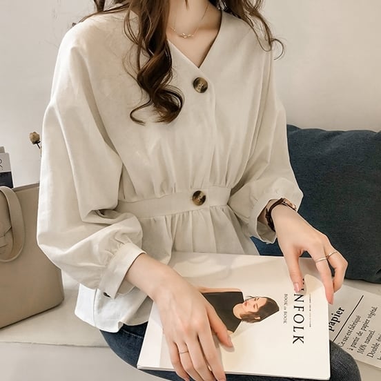 トップス レディース ブラウス ペプラム ハイウエスト フレア Vネック 長袖 べっ甲ボタン おしゃれ お洒落 激安 安い 送料無料 ポロシャツ カットソー ネルシャツ ワークシャツ 長袖 ロング