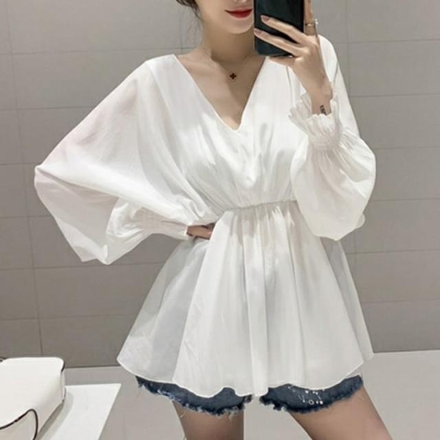 カットソー 袖あり トップス 長袖 Vネック フレア キャンディースリーブ ドルマンスリーブ ペプラム かわいい 大人可愛い きれいめ シンプル 大人 おしゃれ かっこいい 無地 春 秋 10代 20代