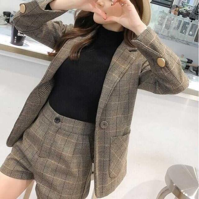 セットアップ ジャケット スーツ ジャケット テーラード アウター ショートパンツ チェック ツイード風 ショート丈 袖あり 長袖 2点セット シンプル カジュアル 大人 上品 おしゃれ