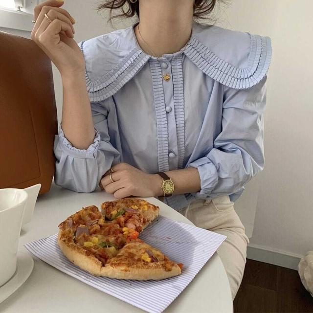 トップス レディース ブラウス 袖あり 長袖 クルーネック 襟付き フリル ラージカラー フリル タック パフスリーブ かわいい 大人可愛い きれいめ シンプル カジュアル 大人 上品 おしゃれ