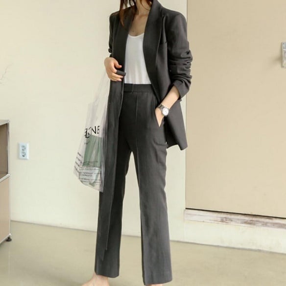 セットアップ スーツ パンツ ボトムス ジャケット ベルト付き 長袖 ロング アンクル丈 センタープレス セミフレア ハイウエスト ストレート 襟付き Vネック レトロ ビッグシルエット 韓国