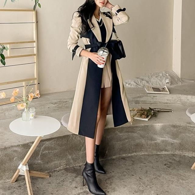 コート アウター ロング トレンチ ドロップショルダー ロング 切り替え バイカラ—  ガウンコート ベルト スクエアバックル マニッシュ ミディアム丈 袖あり 長袖 ポケット付き アウター