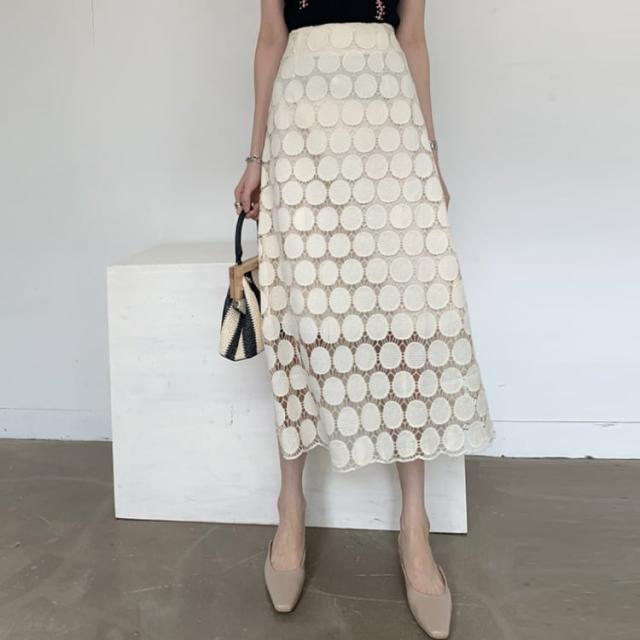 スカート ボトムス ミモレ丈 フレア ペンシルスカート チュール ドット 水玉 メッシュ 透け感 シアー シースルー フェアリー モード ハイウエスト 裏地付き ワイド ゆったり ストレッチ