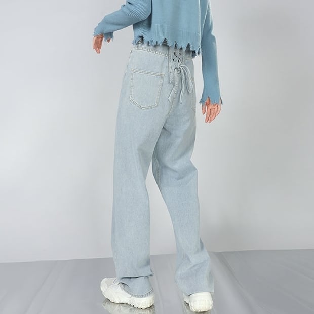 ワイドパンツ ジーンズ 長ズボン フレア ジーパン セミフレア パンツ レースアップ ハイウエスト ヴィンテージ風 ストレッチ ロング ワイドパンツ ストレッチ 美脚 動きやすい 韓国