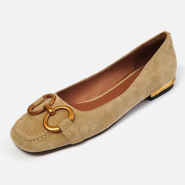 レディースシューズ 婦人靴 ローヒール フラットパンプス ぺたんこパンプス スクエアトゥ フレンチライン ゴールド ワンポイント 安定感 歩きやすい 疲れない 華奢見え スカートに合う