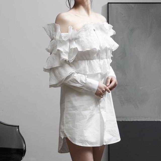 トップス レディース シャツ ブラウス 袖あり 長袖 襟なし 透け感 フリル クロップ丈風 切り替え しわ加工  ハイウエスト オフショルダー 大人可愛い きれいめ シンプル カジュアル 大人