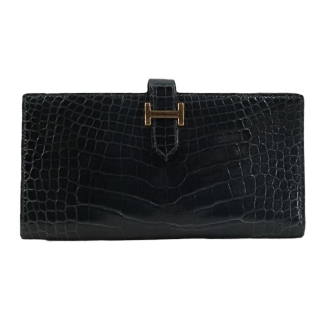エルメス HERMES ベアンスフレ 財布 長財布 アリゲーター クロコダイル ブルーマリン ゴールド金具
