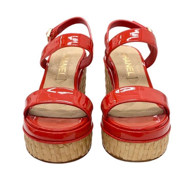 シャネル CHANEL サンダル 靴 シューズ パテント ストロー レッド