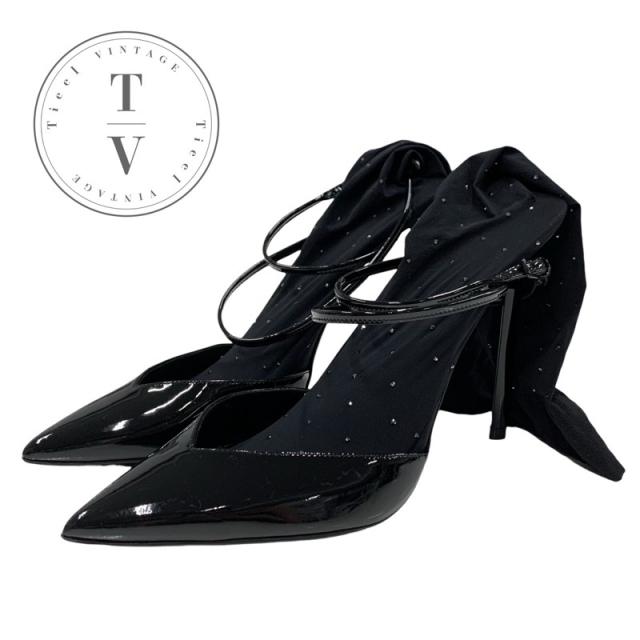 サンローラン SAINT LAURENT パンプス 靴 シューズ パテント ファブリック ブラック 黒 ラインストーン ストラップ ソックス付き