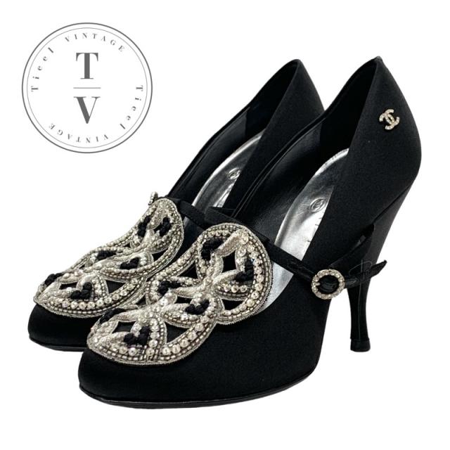 シャネル CHANEL パンプス 靴 シューズ サテン ブラック ココマーク ビーズ ラインストーン パーティーシューズ