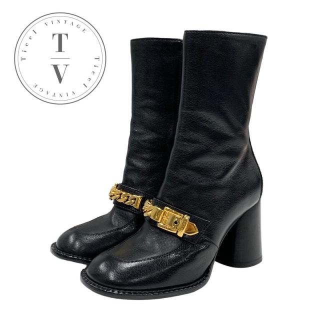グッチ GUCCI ブーツ ショートブーツ 靴 シューズ レザー ブラック 黒 ゴールド チェーンベルト