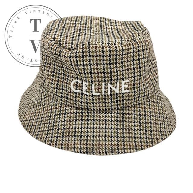 セリーヌ CELINE 帽子 ウール ブラウン系 ロゴ 千鳥格子 バケットハット