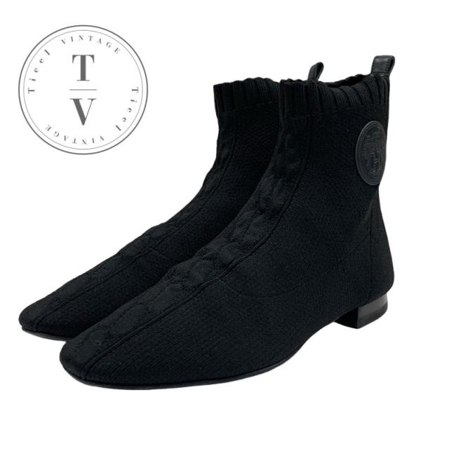 エルメス HERMES デュオ ブーツ ショートブーツ 靴 シューズ ファブリック レザー ブラック 黒 ソックスブーツ エクスリブリス