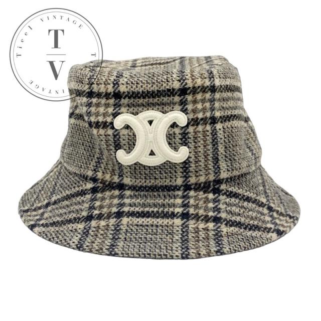 セリーヌ CELINE 帽子 ウール コットン ブラウン トリオンフ ロゴ チェック バケットハット