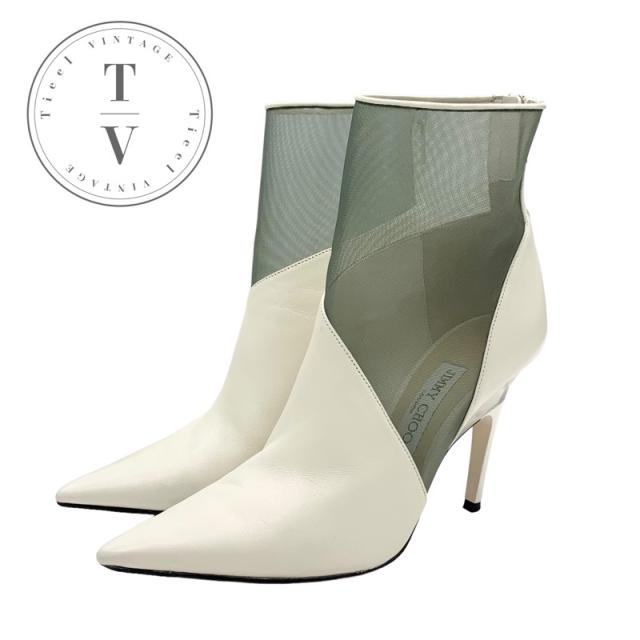 ジミーチュウ JIMMY CHOO SIOUX100 ブーツ ショートブーツ 靴 シューズ レザー メッシュ オフホワイト クリアヒール