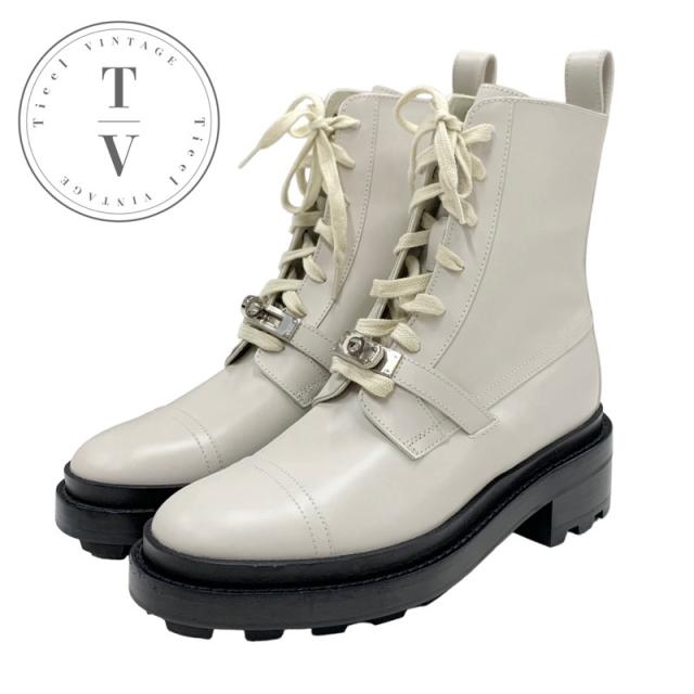 エルメス HERMES ファンク ブーツ ショートブーツ 靴 シューズ レザー ベージュ系 ケリー金具 レースアップ