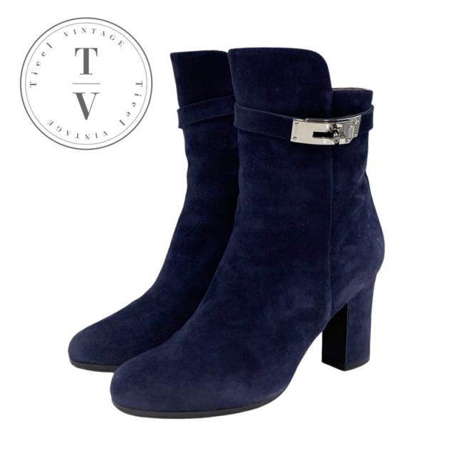 エルメス HERMES ブーツ ショートブーツ 靴 シューズ スエード ネイビー シルバー ケリー金具