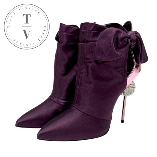 ロジェヴィヴィエ Roger Vivier ブーツ ショートブーツ 靴 シューズ サテン レザー パープル メタリックピンク ミラーボール