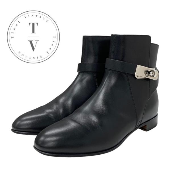 エルメス HERMES ネオ ブーツ ショートブーツ 靴 シューズ レザー ブラック 黒 シルバー ケリー金具