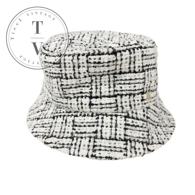 シャネル CHANEL 帽子 ホワイト ブラック ココマーク ツイード スパンコール バケットハット