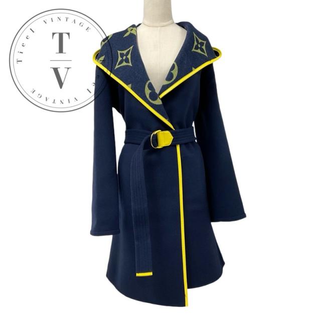 ルイヴィトン LOUIS VUITTON アウター ネイビー イエロー モノグラム ベルテッド ダブルフェイス フーデッド ラップコート