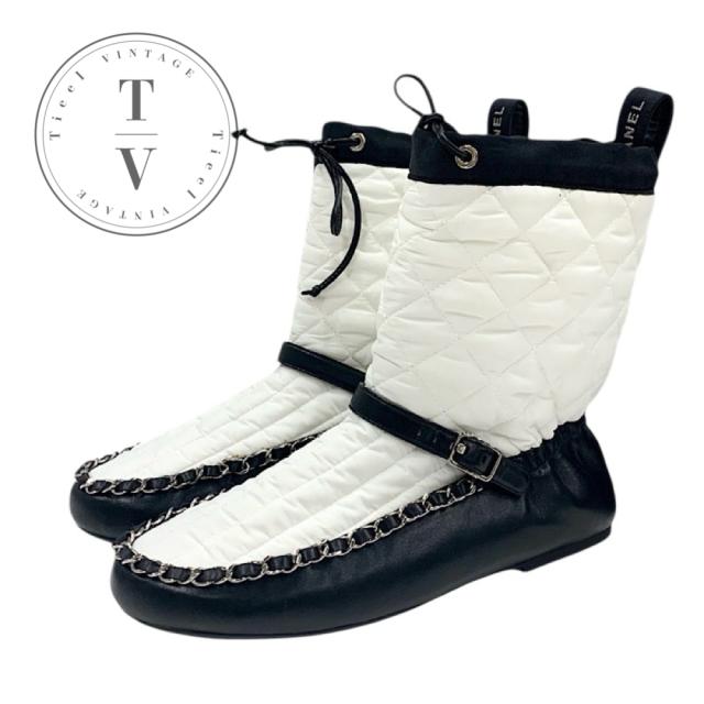 シャネル CHANEL ブーツ ショートブーツ 靴 シューズ ナイロン レザー ホワイト ブラック マトラッセ チェーン ベルト