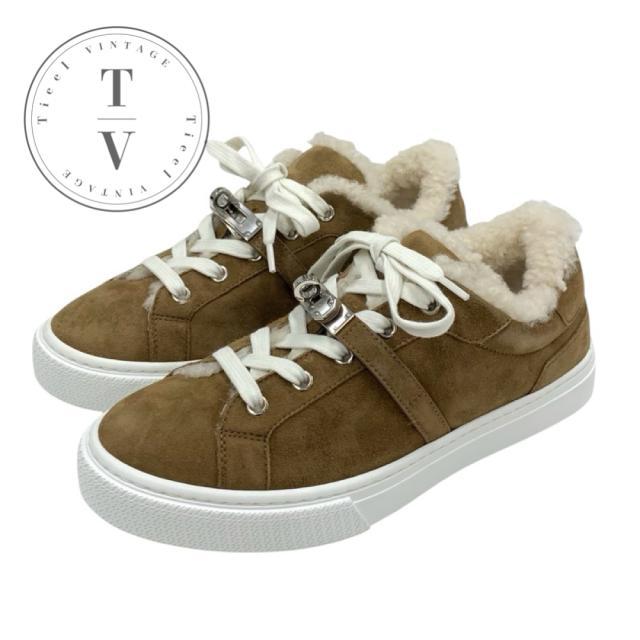 エルメス HERMES デイ スニーカー 靴 シューズ スエード ムートン ブラウン シルバー ケリー金具 ボア