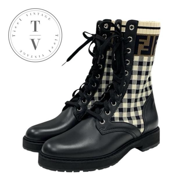 フェンディ FENDI ロココ ブーツ ショートブーツ 靴 シューズ レザー ファブリック ブラック アイボリー ブラウン ズッカ チェック