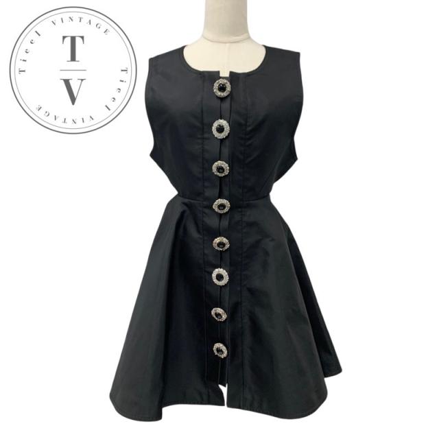 ルイヴィトン LOUIS VUITTON ワンピース シルク ブラック 黒 ボクシーボタンフロントドレス ジュエルボタン ノースリーブ