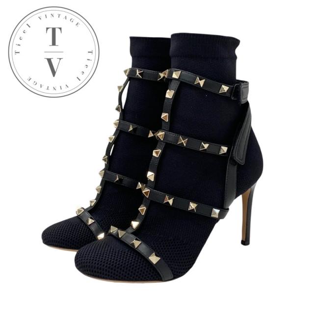 ヴァレンティノ VALENTINO ブーツ ショートブーツ 靴 シューズ ファブリック レザー ブラック 黒 ゴールド ロックスタッズ ニット