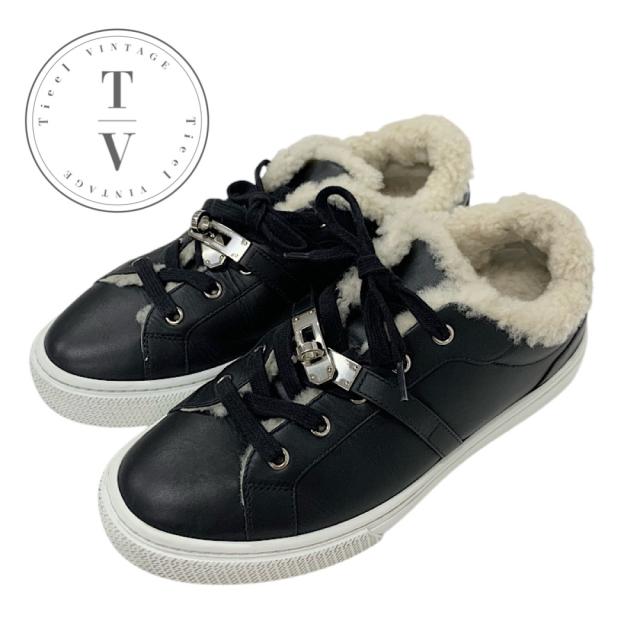 エルメス HERMES デイ スニーカー 靴 シューズ レザー ムートン ブラック 黒 シルバー ケリー金具 ボア