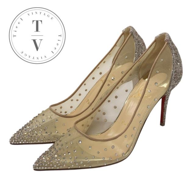 クリスチャンルブタン Christian Louboutin FOLLIES STRASS パンプス 靴 シューズ メッシュ グリッター ベージュ ラインストーン