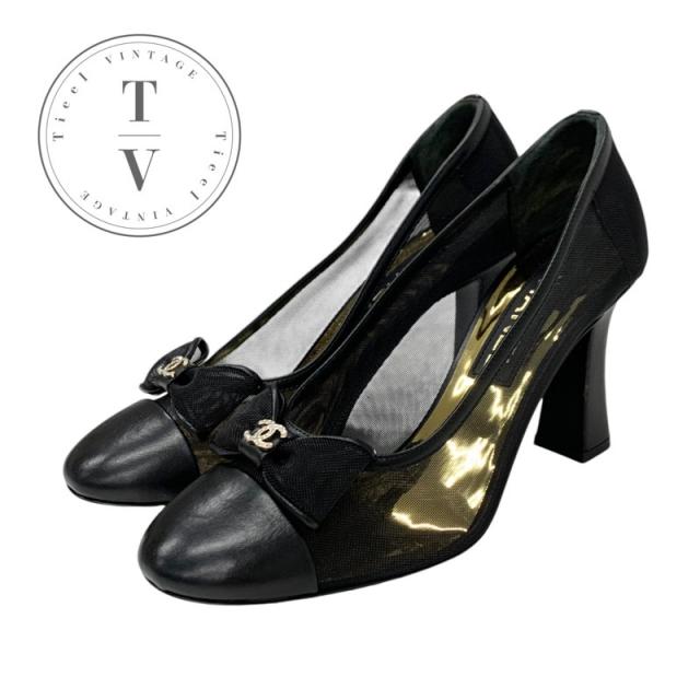 シャネル CHANEL パンプス 靴 シューズ メッシュ レザー ブラック 黒 ココマーク リボン