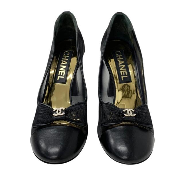 シャネル CHANEL パンプス 靴 シューズ メッシュ レザー ブラック 黒 ココマーク リボン シャネル CHANEL パンプス 靴 シューズ メッシュ レザー ブラック 黒