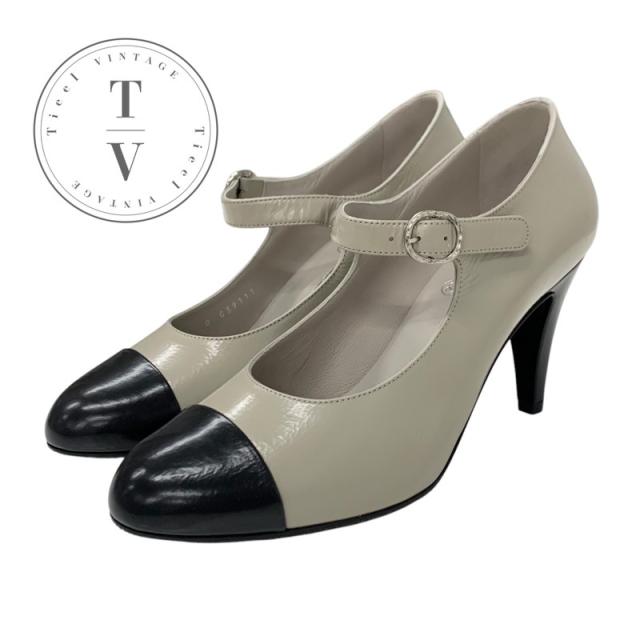 シャネル CHANEL パンプス 靴 シューズ レザー グレー ブラック 未使用 ココマーク ストラップ シワ加工