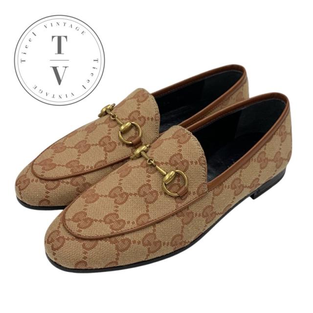 グッチ GUCCI ローファー 革靴 靴 シューズ ファブリック レザー ブラウン 未使用 フラットシューズ ホースビット
