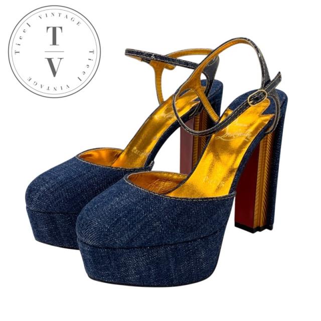 クリスチャンルブタン Christian Louboutin パンプス 靴 シューズ デニム ブルー ストラップ プラットフォーム
