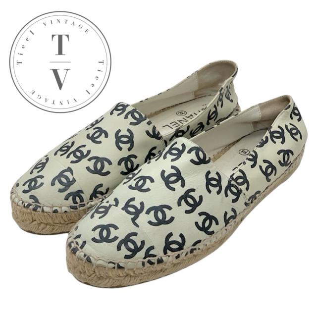 シャネル CHANEL フラットシューズ 靴 シューズ レザー アイボリー ブラック ココマーク エスパドリーユ スリッポン