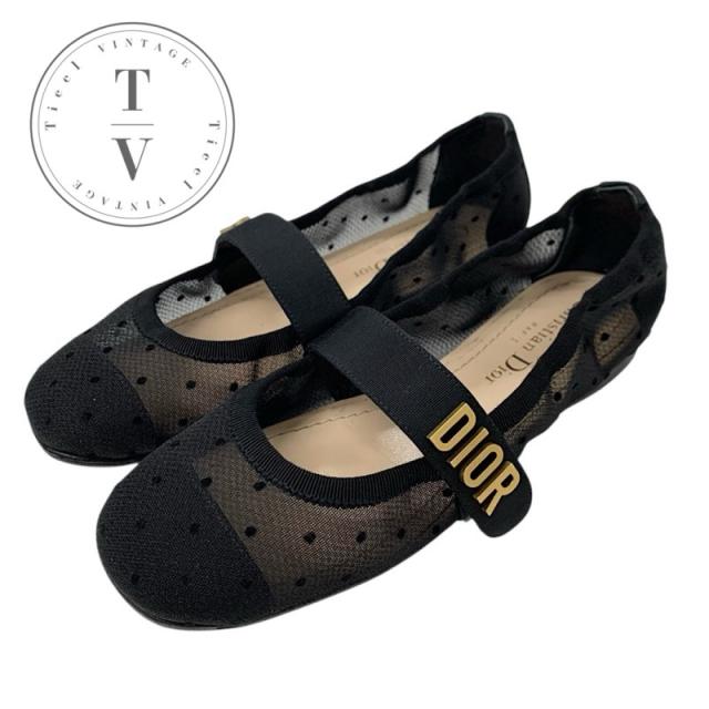 クリスチャンディオール CHRISTIAN DIOR BABY-D フラットシューズ 靴 シューズ メッシュ ファブリック ブラック 黒 ゴールド ロゴ