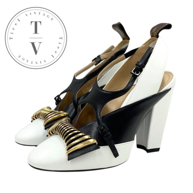 ルイヴィトン LOUIS VUITTON パンプス 靴 シューズ レザー ホワイト ブラック ゴールド サンダル スリングバック