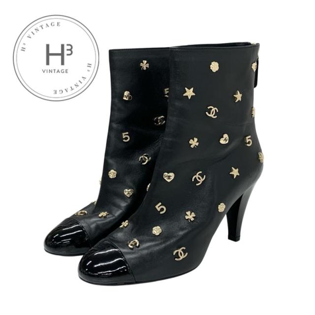 シャネル CHANEL ブーツ ショートブーツ 靴 シューズ レザー パテント ブラック ゴールド ココマーク アイコン ロゴ