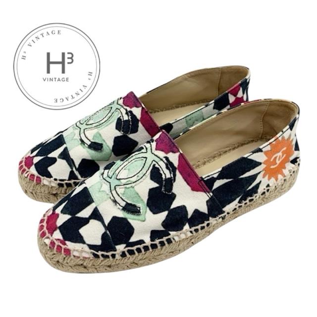 シャネル CHANEL フラットシューズ 靴 シューズ キャンバス マルチカラー ココマーク エスパドリーユ